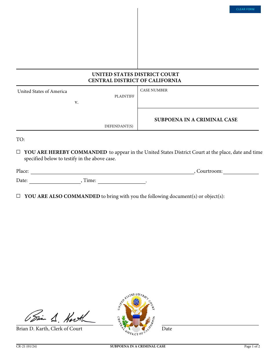 Form CR-21 Download Fillable PDF or Fill Online Subpoena in a Criminal ...