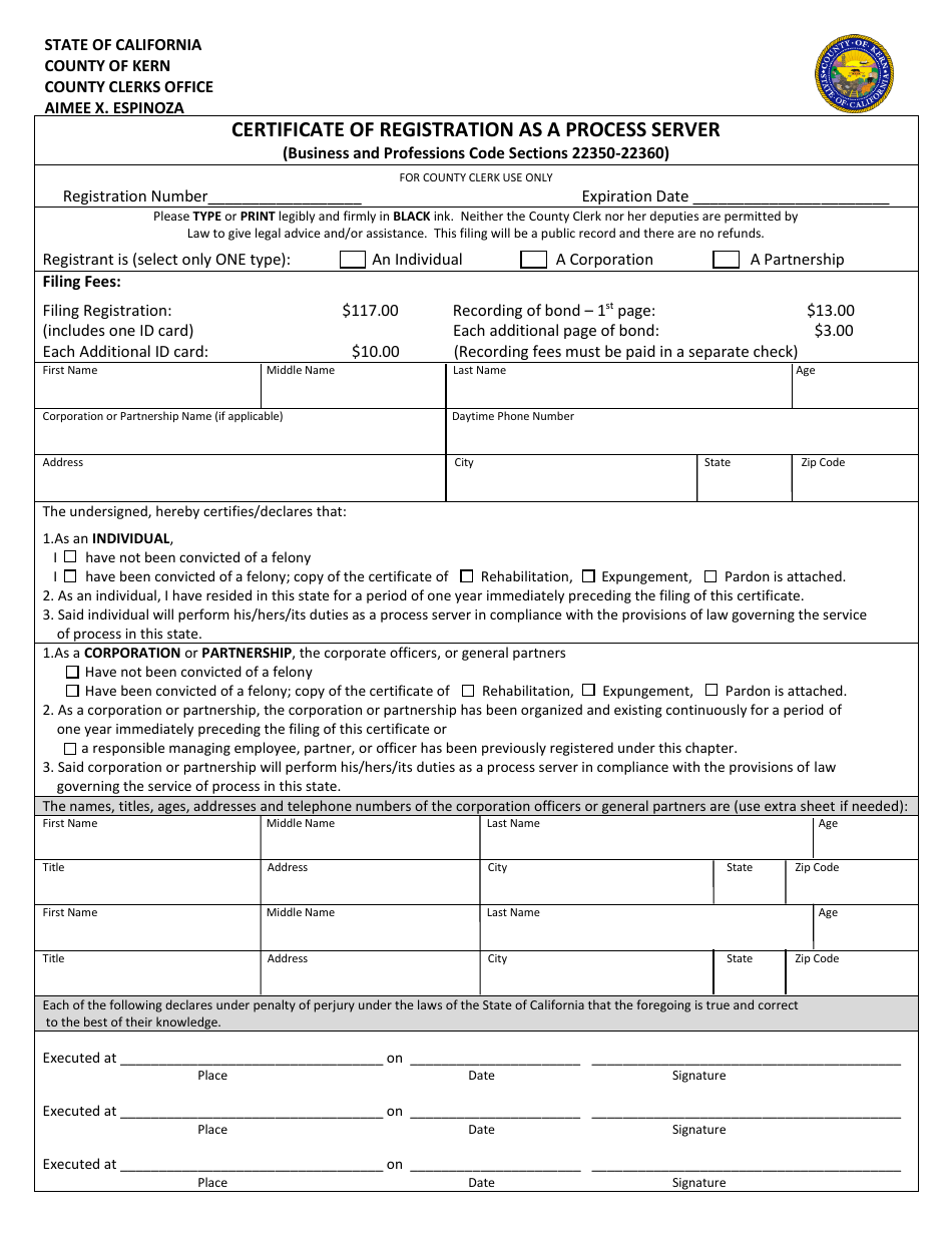 Kern County, California Certificate of Registration as a Process Server ...