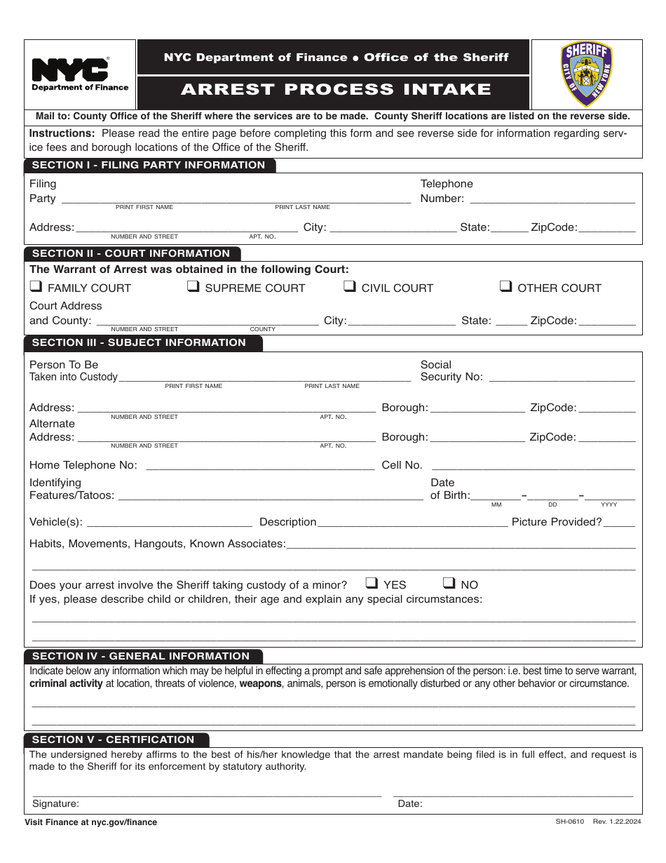 Form SH-0610 Download Printable PDF or Fill Online Arrest Process ...
