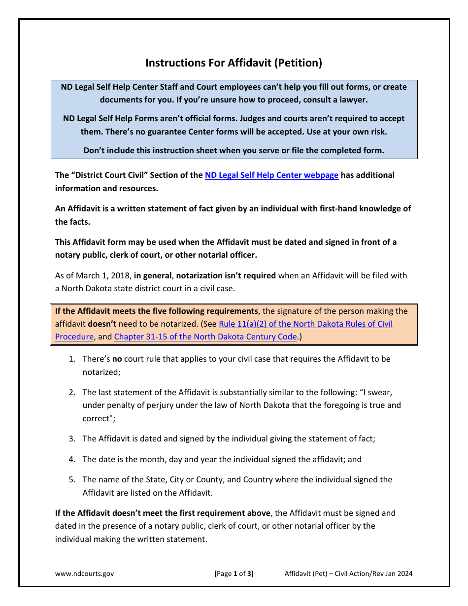 North Dakota Affidavit (Petition) Download Printable PDF | Templateroller