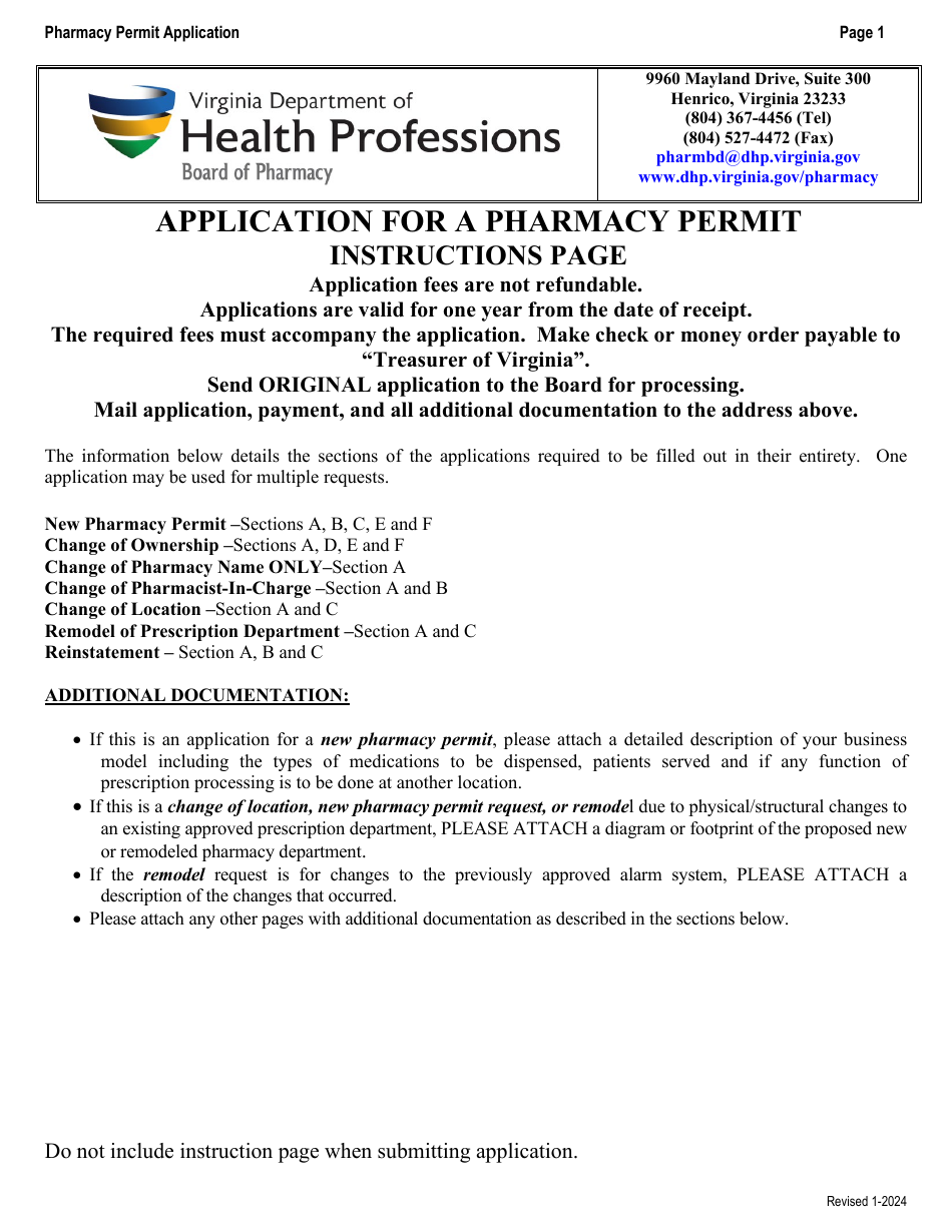 Virginia Application for a Pharmacy Permit Download Printable PDF 2020 ...