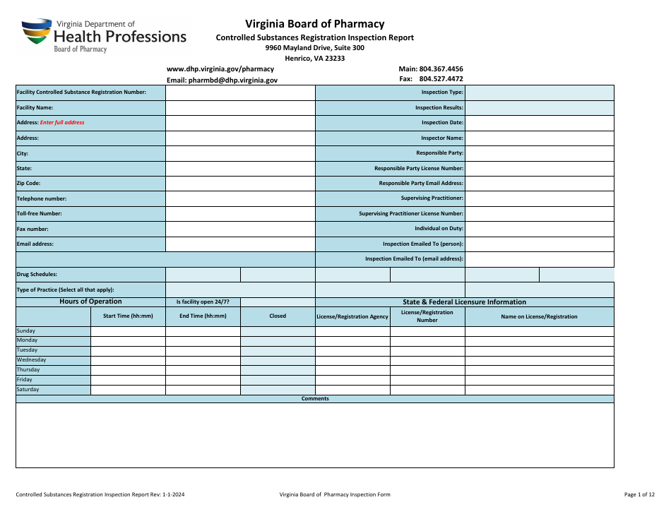 Virginia Controlled Substances Registration Inspection Report Download ...