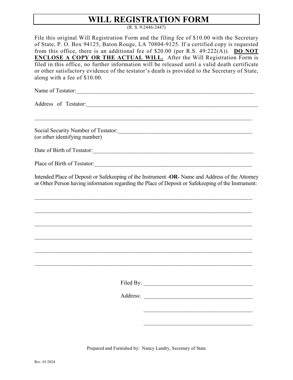 Louisiana Will Registration Form Download Printable PDF | Templateroller
