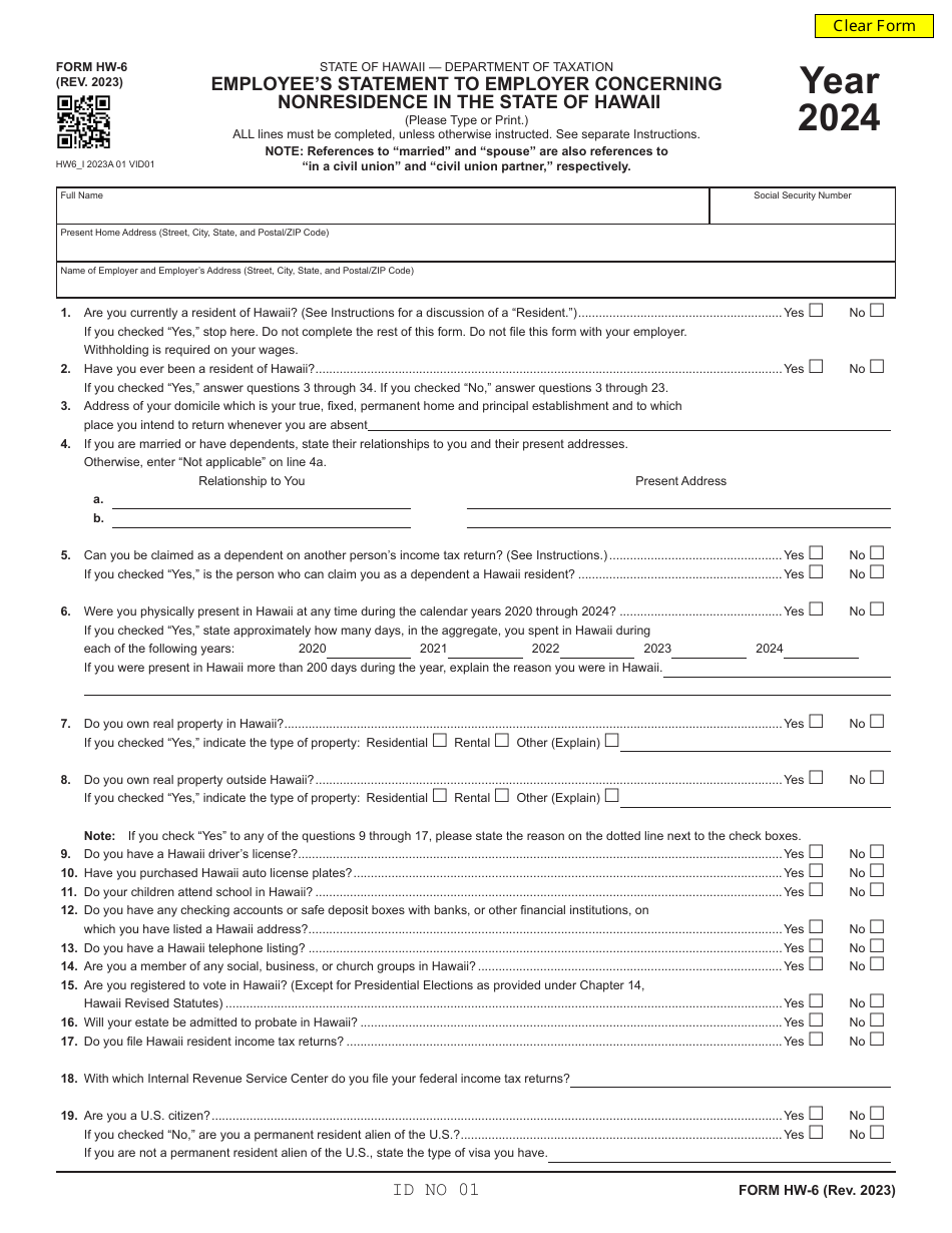 Form HW-6 Download Fillable PDF or Fill Online Employee's Statement to ...