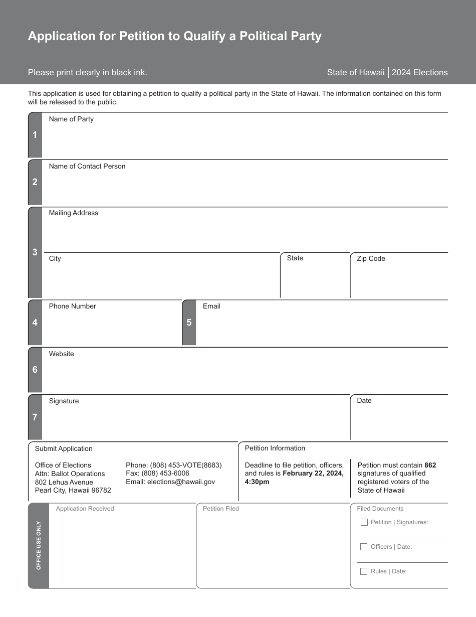 2024 Hawaii Application for Petition to Qualify a Political Party ...