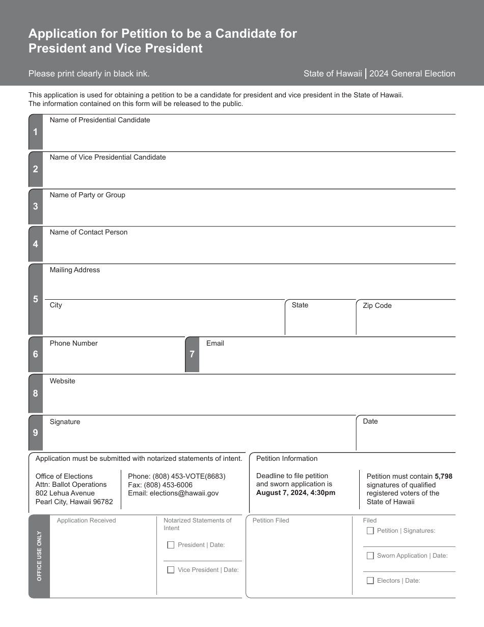 2024 Hawaii Application for Petition to Be a Candidate for President ...
