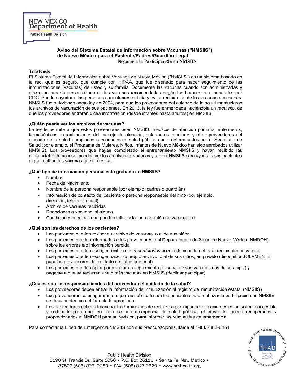 New Mexico Aviso Del Sistema Estatal De Informacion Sobre Vacunas ...