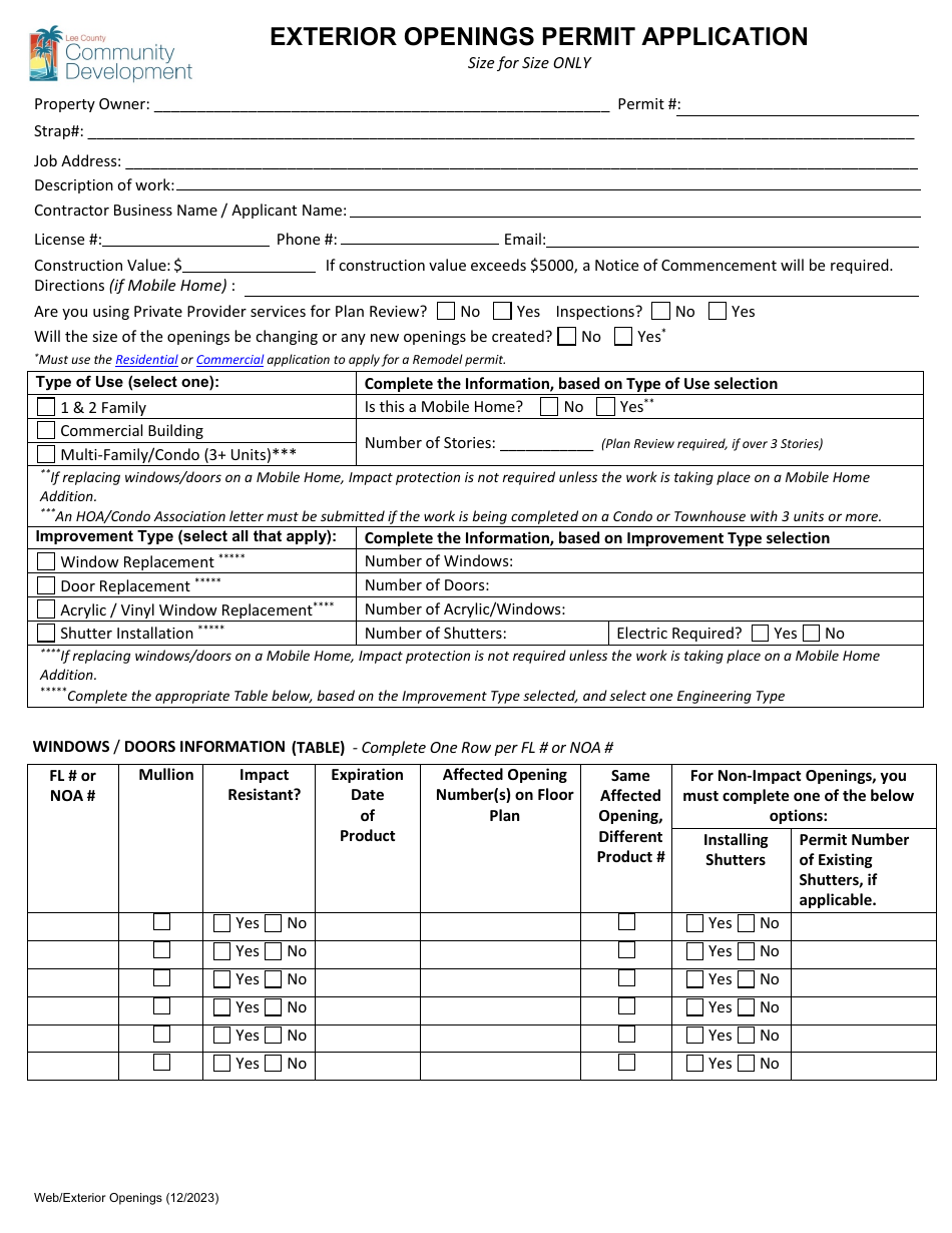 Lee County, Florida Exterior Openings Permit Application - Fill Out ...