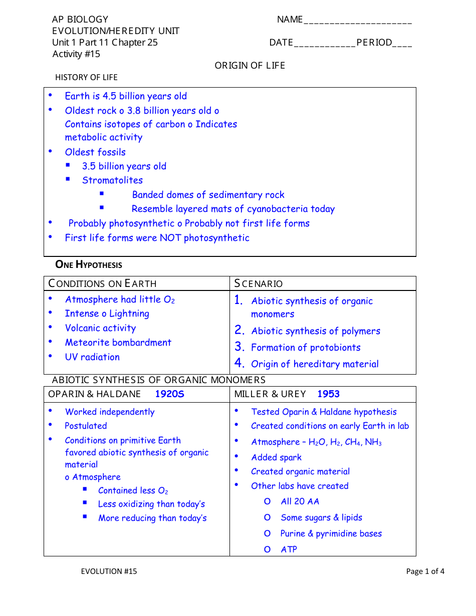 Origin of Life Worksheet - Unit 1 Part 11 Chapter 25, Mrs. Gallagher ...