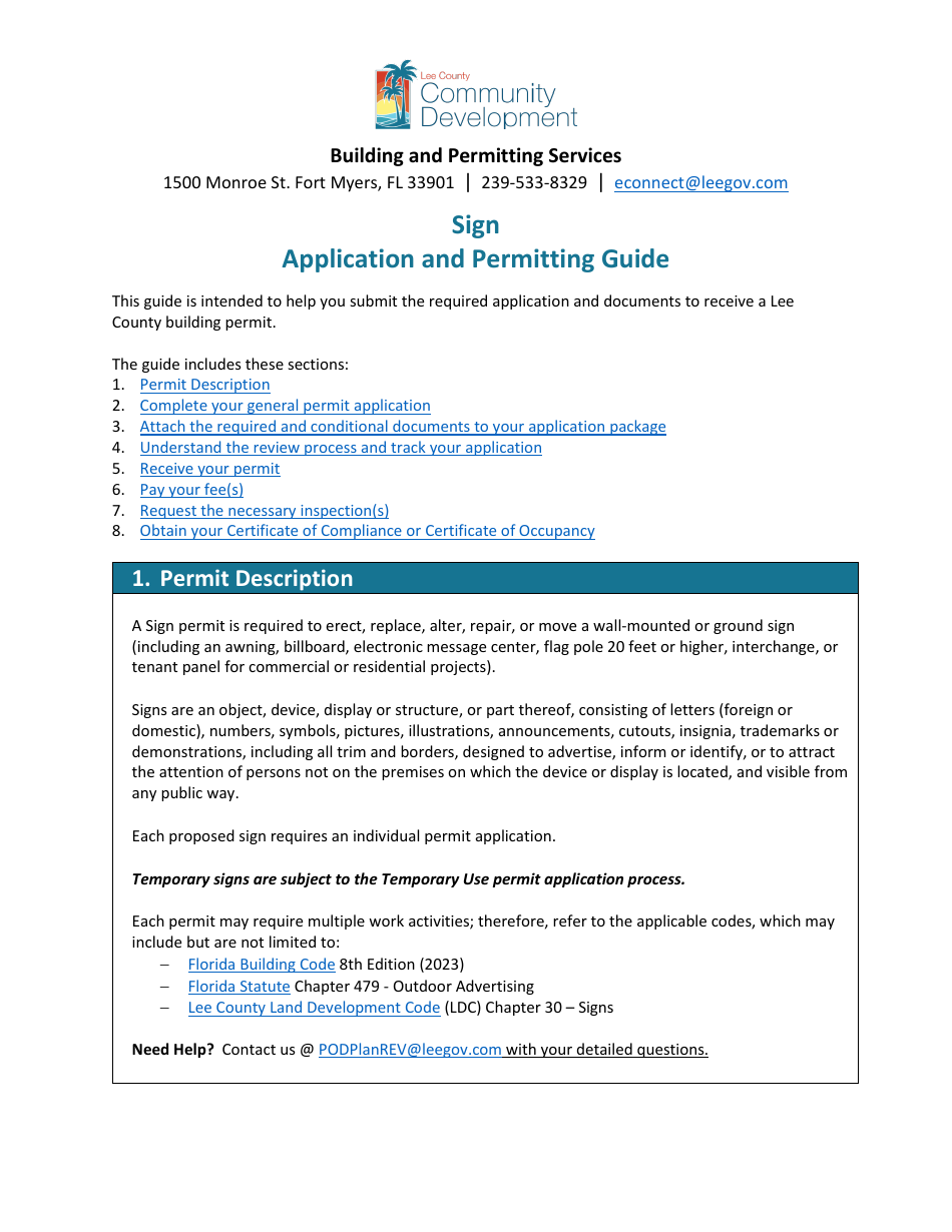 Lee County, Florida Sign Application and Permitting Guide - Fill Out ...