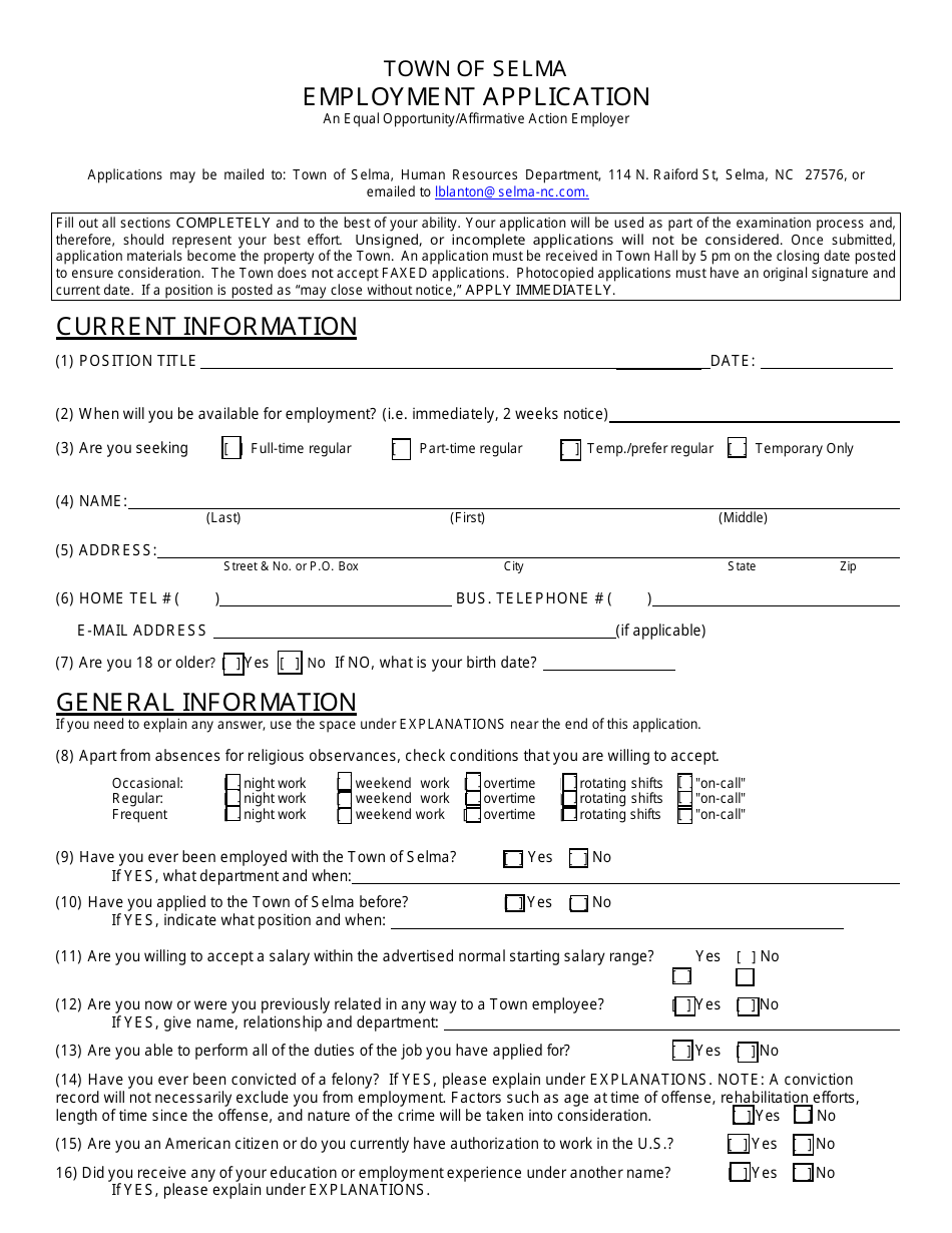 Town of Selma, North Carolina Employment Application - Fill Out, Sign ...