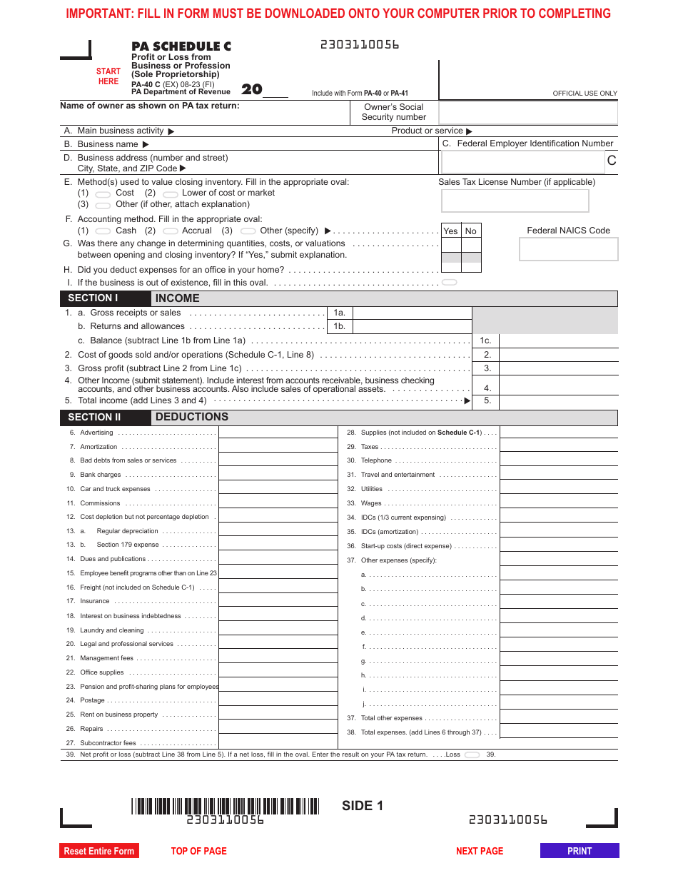 Form PA-40 Schedule C Download Fillable PDF or Fill Online Profit or ...