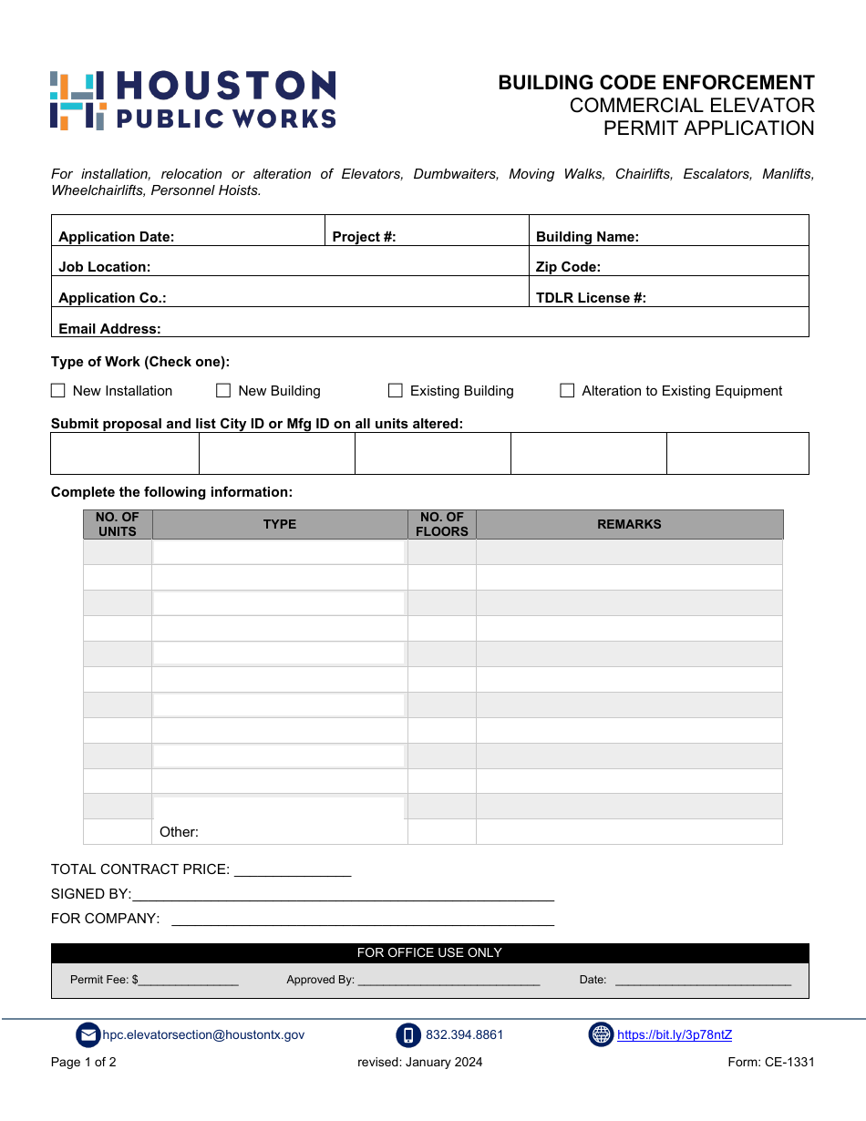 Form CE-1331 Download Fillable PDF or Fill Online Commercial Elevator ...