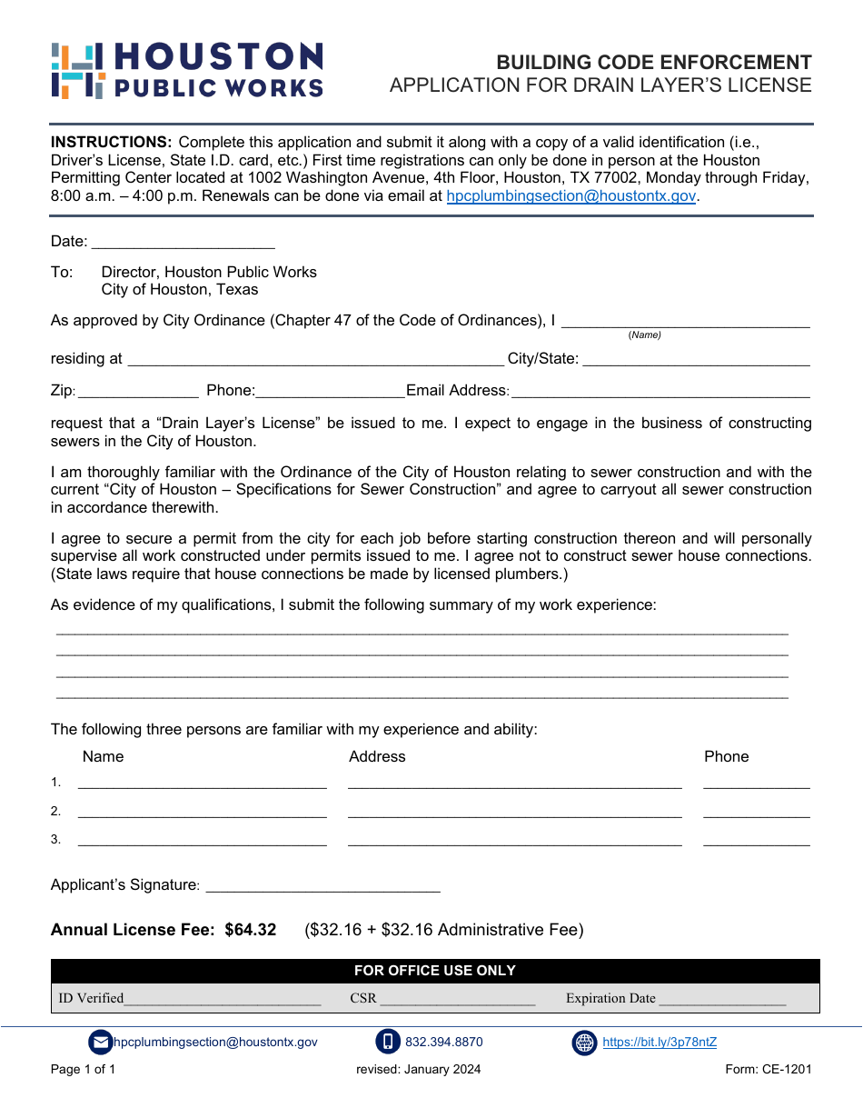 Form CE-1201 Download Fillable PDF or Fill Online Application for Drain ...