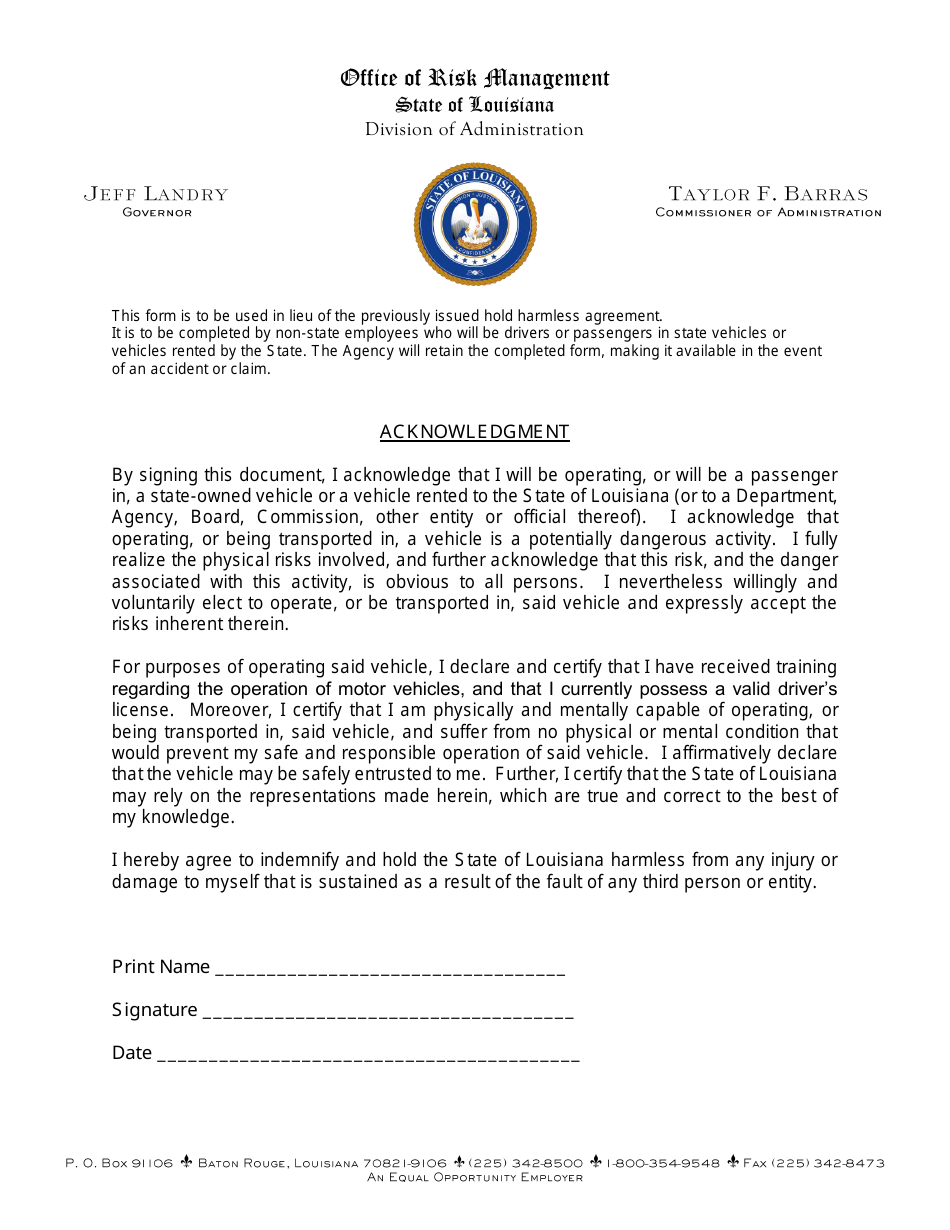 Louisiana Acknowledgement of Non-state Employees Using State Vehicles ...
