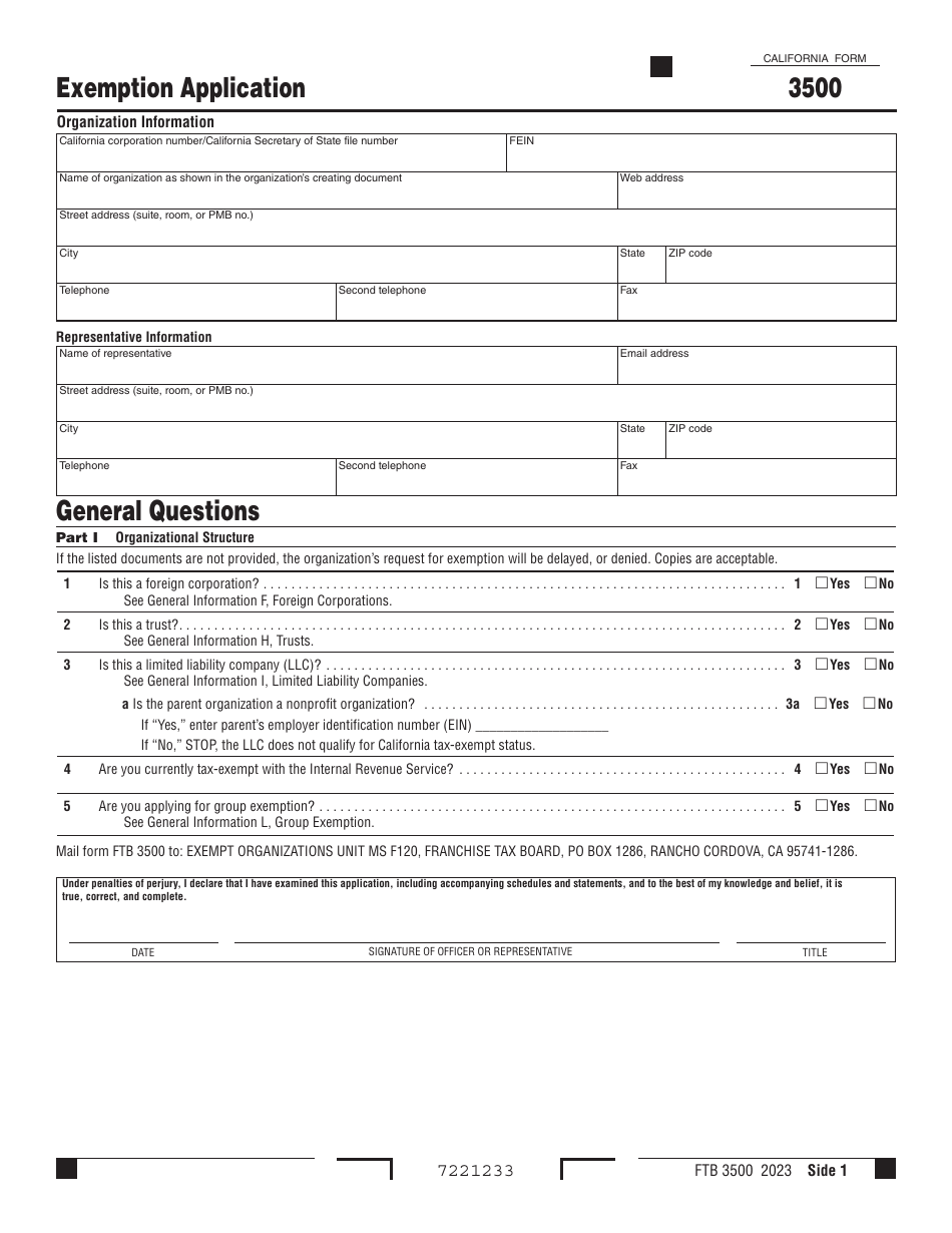 Form FTB3500 Download Fillable PDF or Fill Online Exemption Application ...