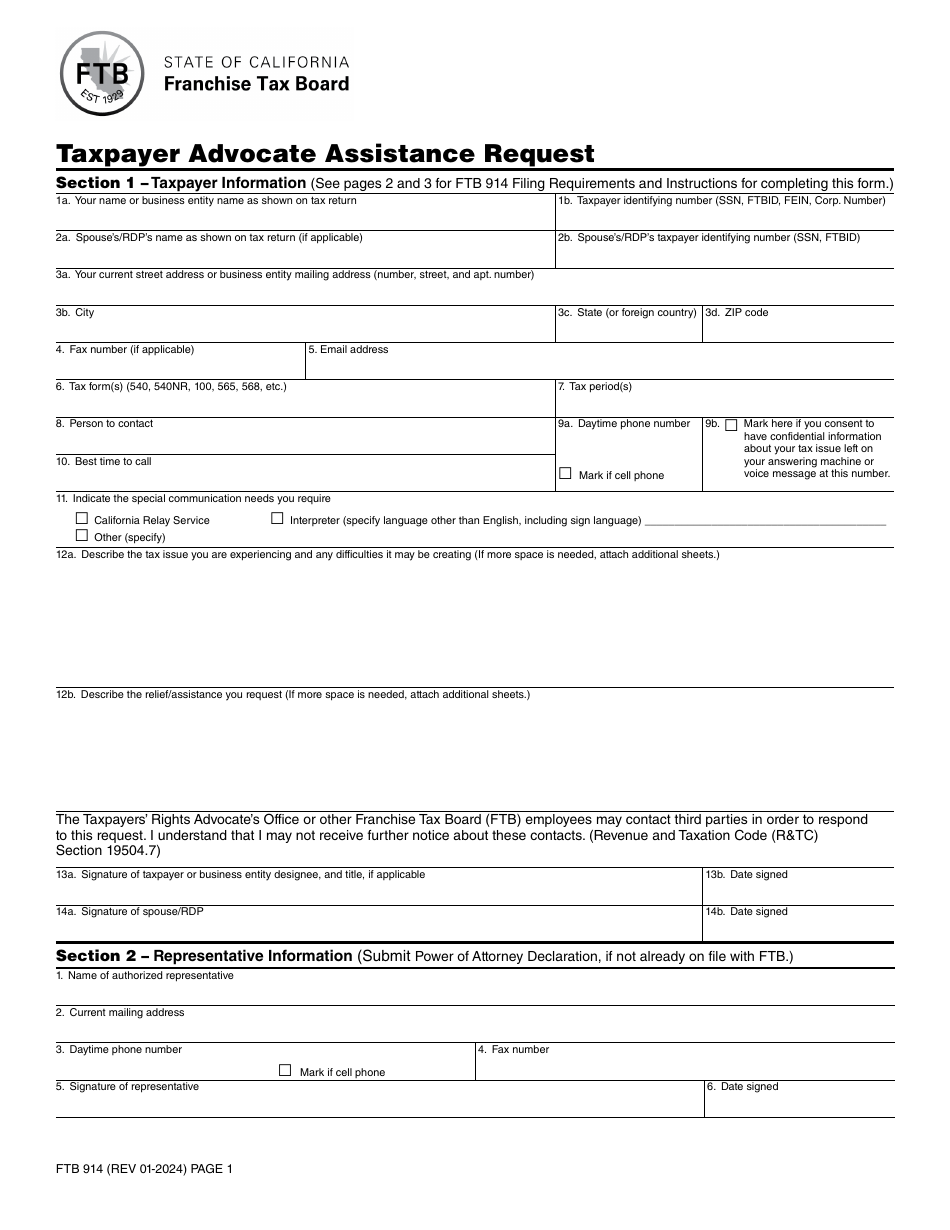 Form FTB914 Download Fillable PDF or Fill Online Taxpayer Advocate ...