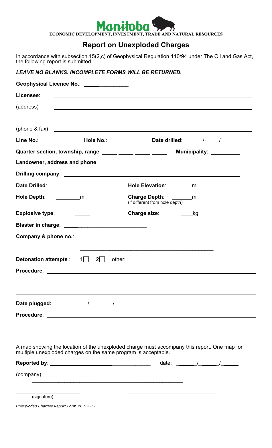 Manitoba Canada Report on Unexploded Charges - Fill Out, Sign Online ...