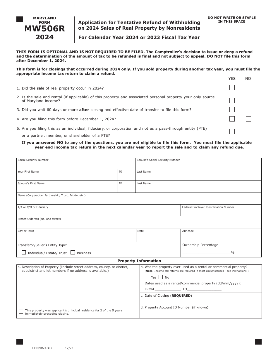 Maryland Form MW506R (COM/RAD-307) Download Fillable PDF or Fill Online ...