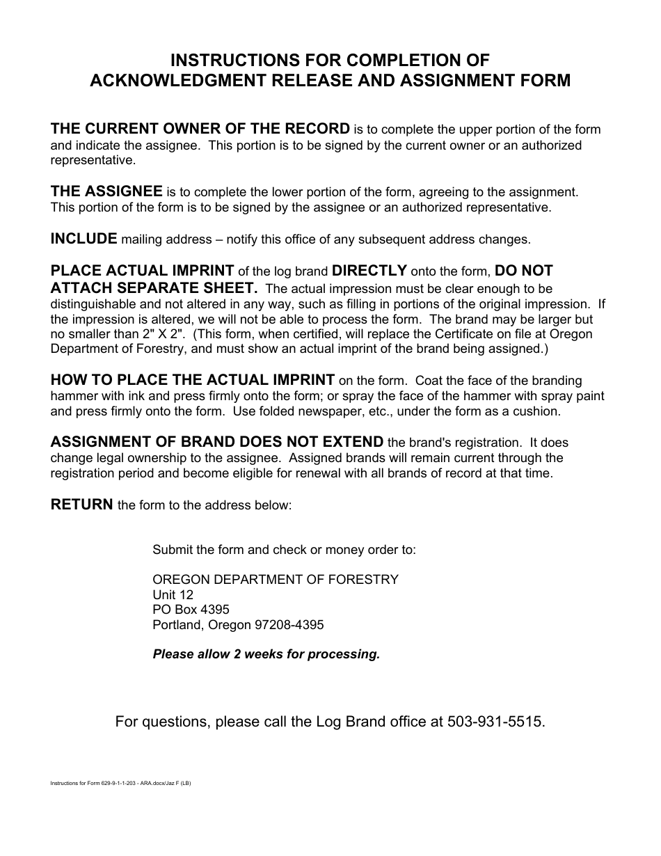 Download Instructions for Form 629-9-1-1-203 Acknowledgment Release and ...