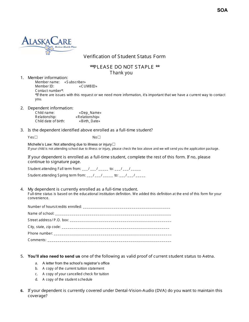 Alaska Verification of Student Status Form - Alaskacare - Fill Out ...