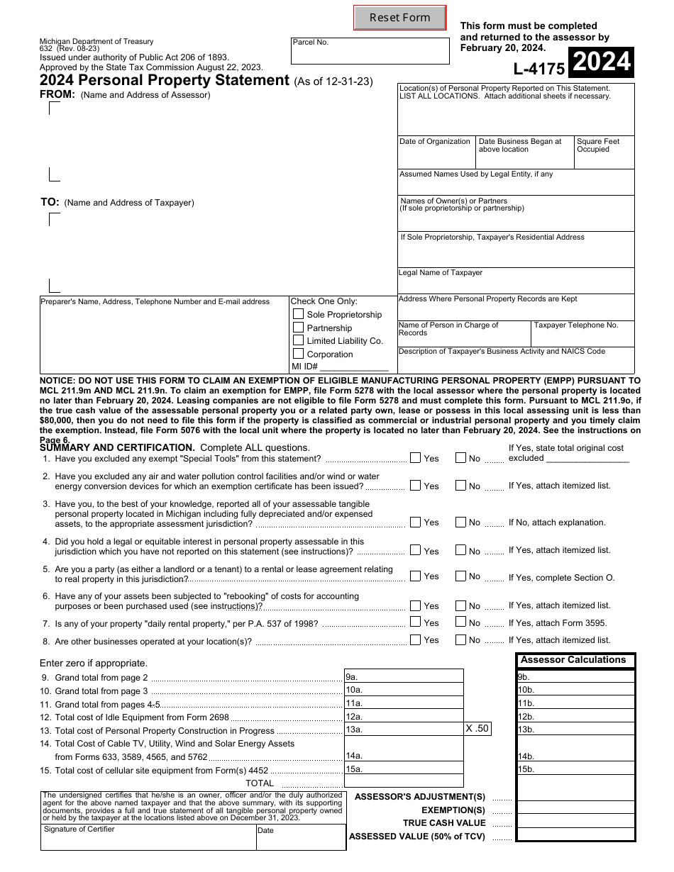 Form L-4175 (632) Download Fillable PDF or Fill Online Personal ...