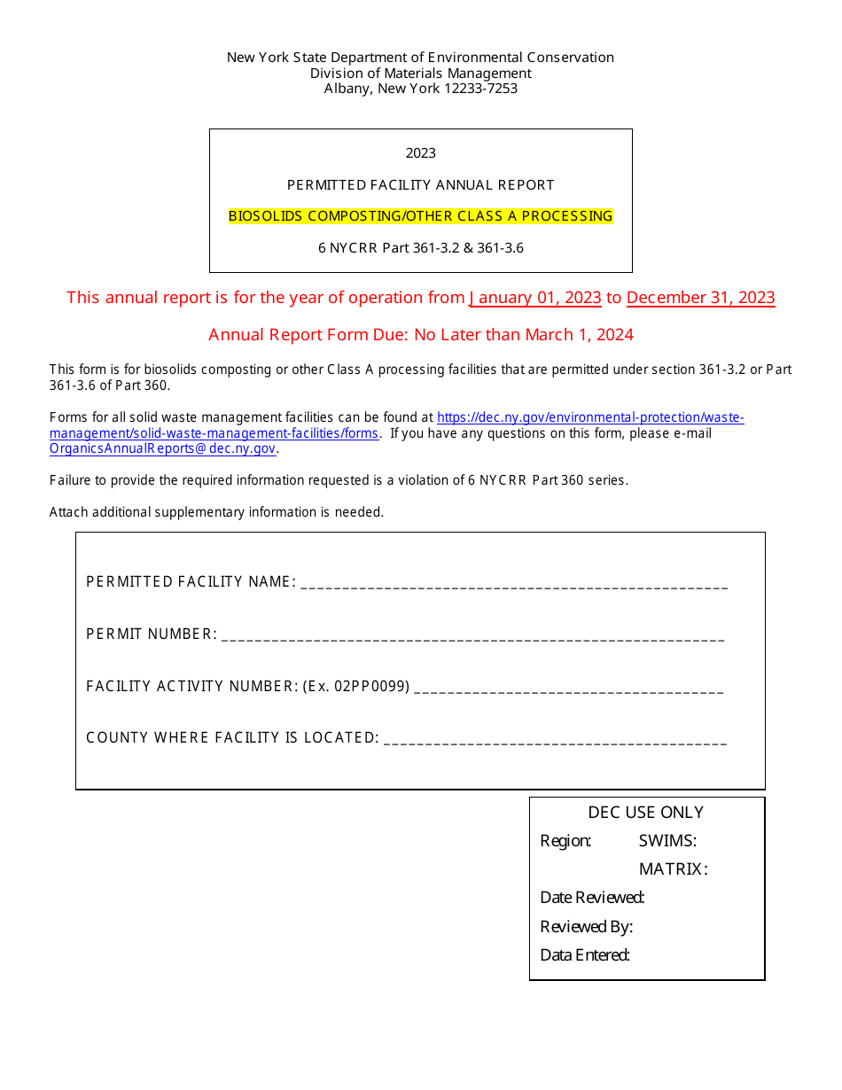 2023 New York Permitted Biosolids Composting Facility Annual Report - Fill Out, Sign Online and ...