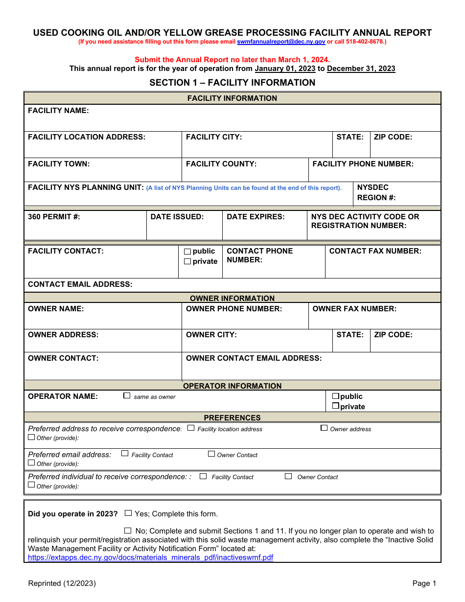 2023 New York Used Cooking Oil and/or Yellow Grease Processing Facility ...