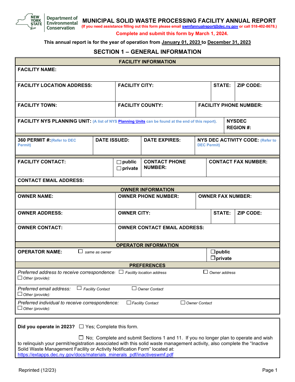 2023 New York Municipal Solid Waste Processing Facility Annual Report ...