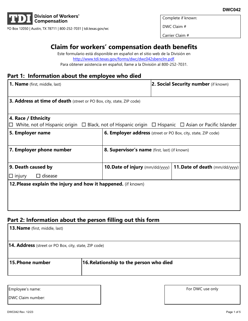 Form DWC042 - Fill Out, Sign Online and Download Fillable PDF, Texas ...