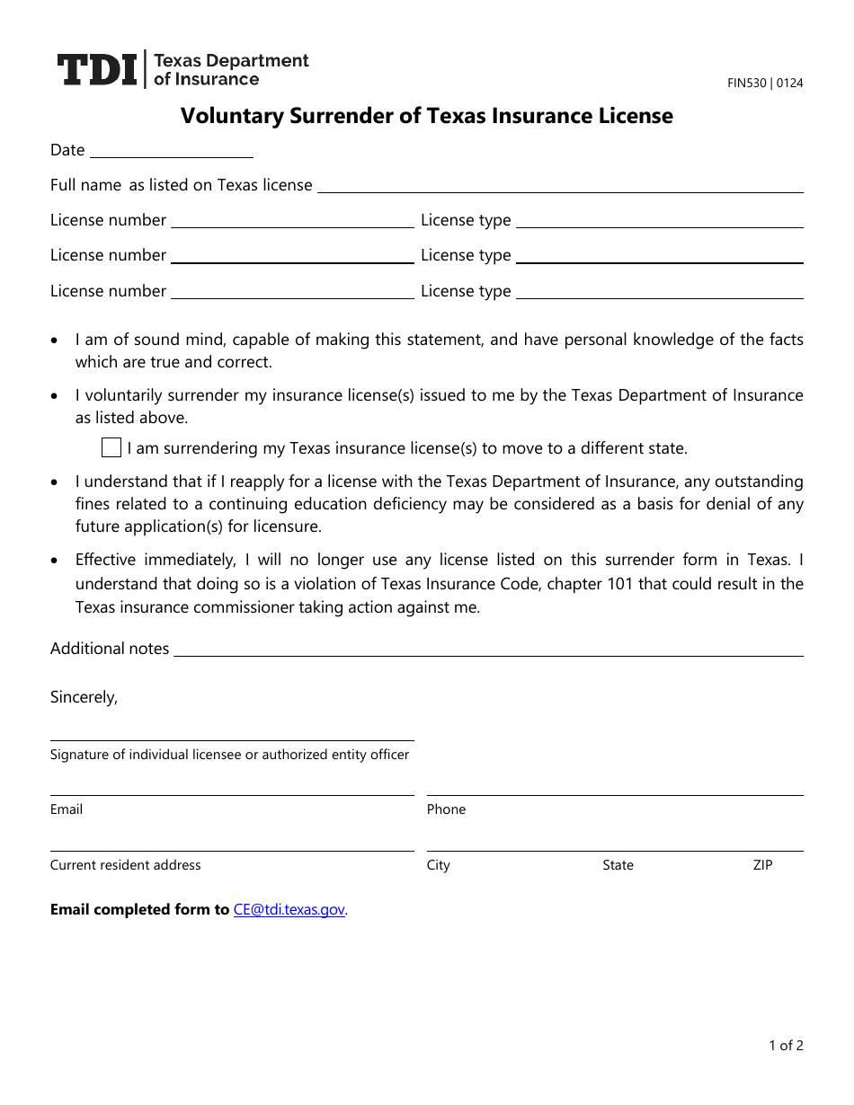 Form FIN530 - Fill Out, Sign Online and Download Fillable PDF, Texas ...