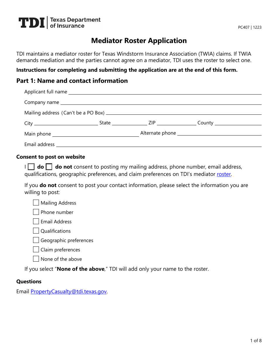 Form PC407 - Fill Out, Sign Online and Download Fillable PDF, Texas | Templateroller