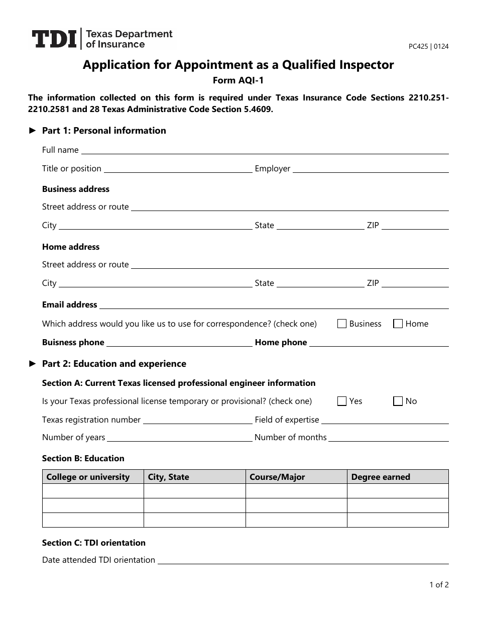 Form AQI-1 (PC425) - Fill Out, Sign Online and Download Fillable PDF ...