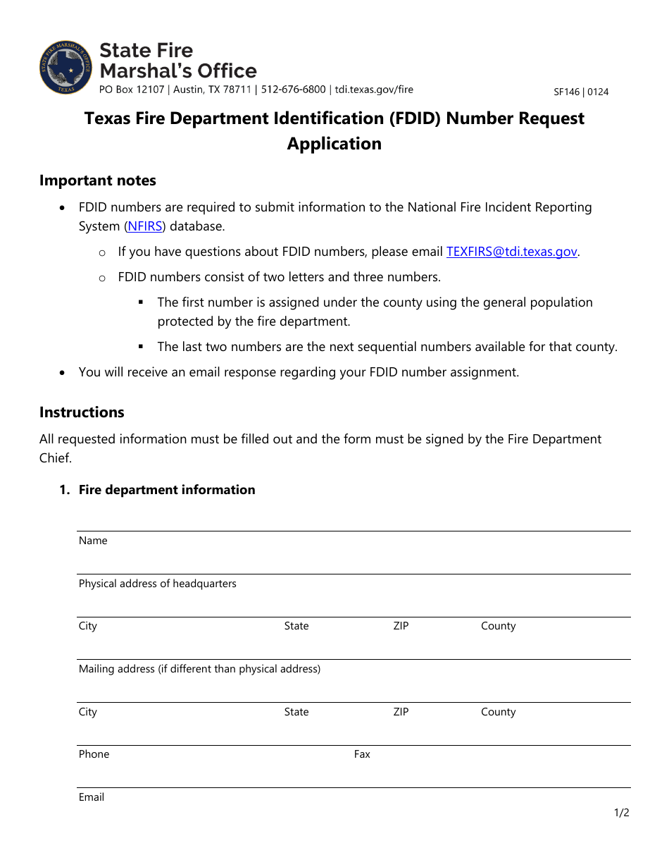 Form SF146 Download Fillable PDF or Fill Online Texas Fire Department ...