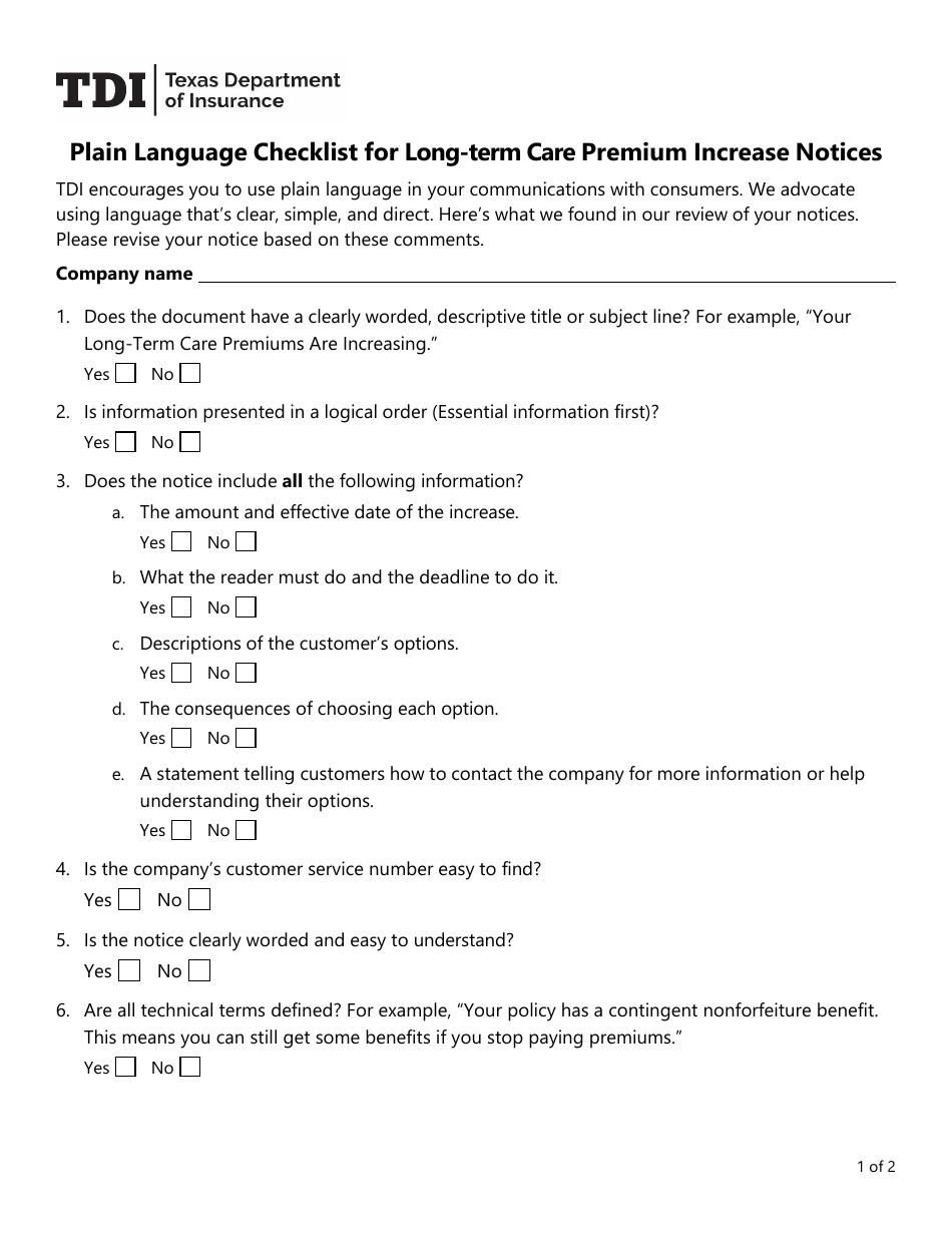 Texas Plain Language Checklist for Long-Term Care Premium Increase ...