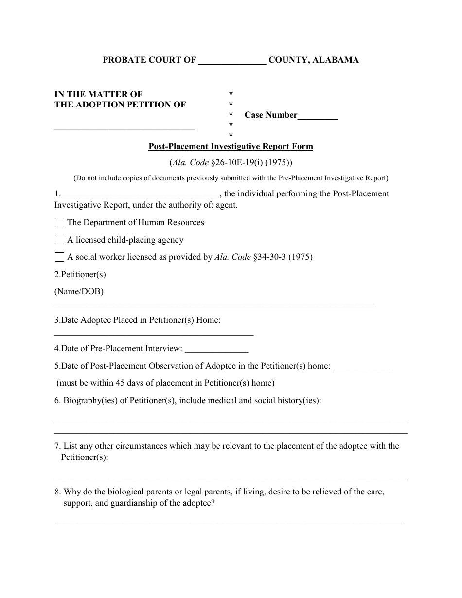 Alabama Post-placement Investigative Report Form - Fill Out, Sign ...