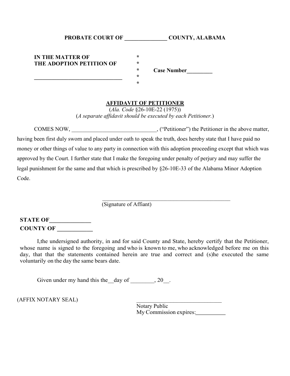 Alabama Affidavit of Petitioner - Fill Out, Sign Online and Download ...