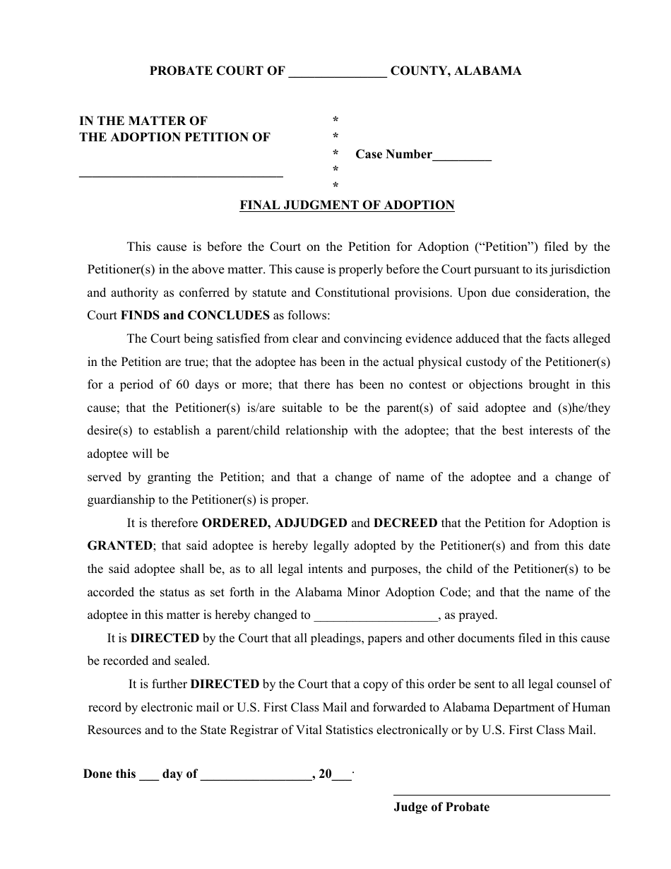 Alabama Final Judgment of Adoption - Nonrelated, No Implied Consent ...