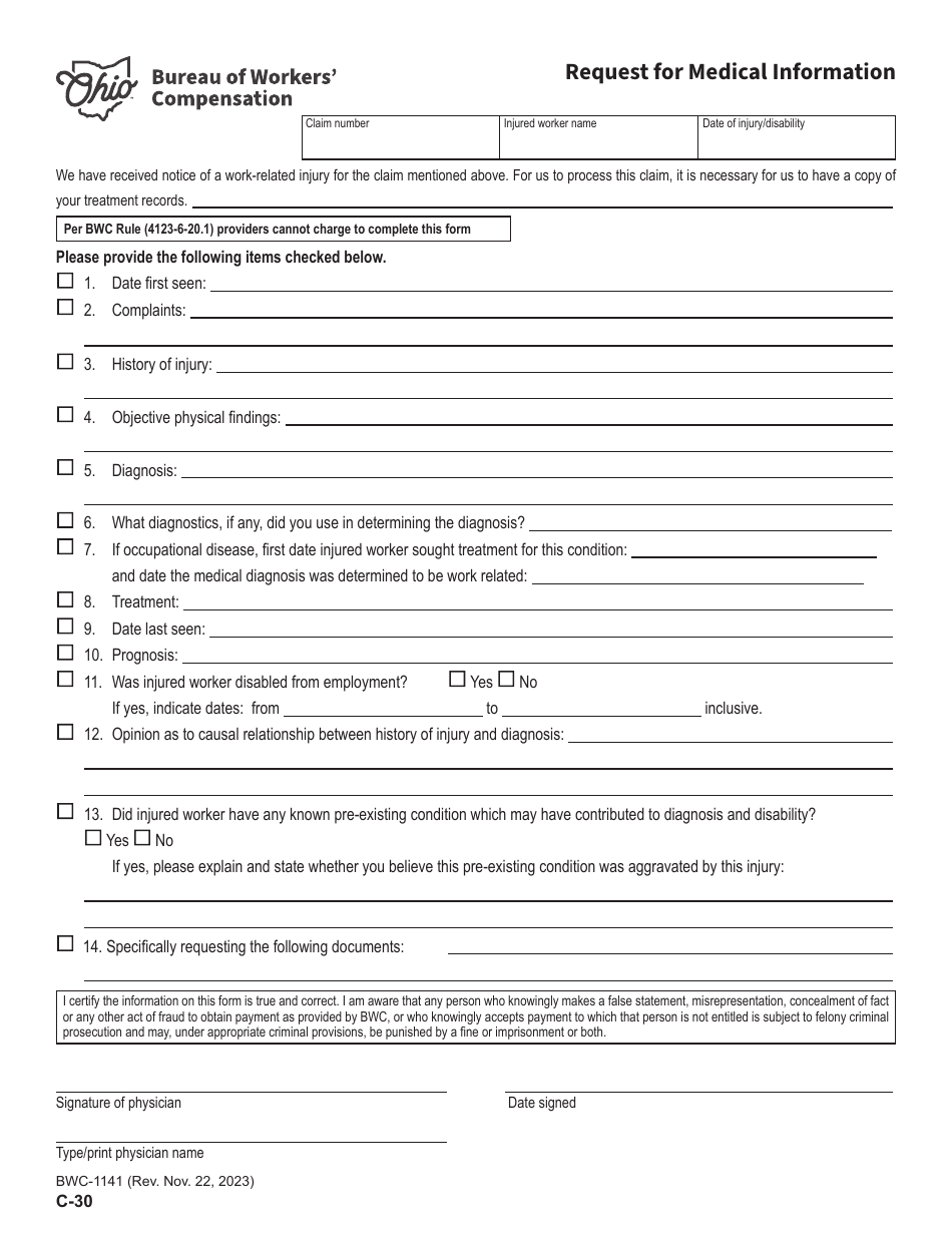 Form C-30 (BWC-1141) Download Printable PDF or Fill Online Request for Medical Information, Ohio ...