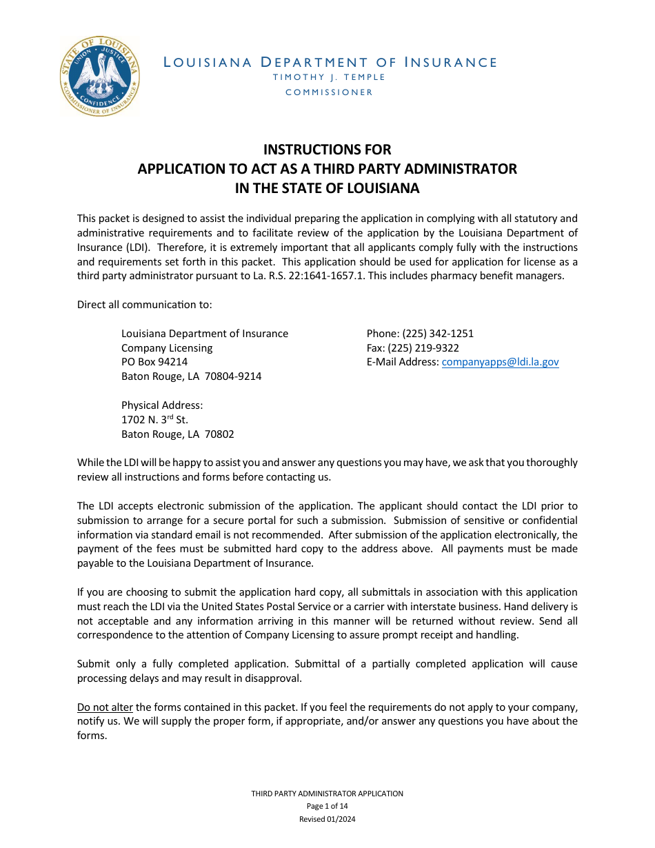 Louisiana Application to Act as a Third Party Administrator in the State of Louisiana Download ...