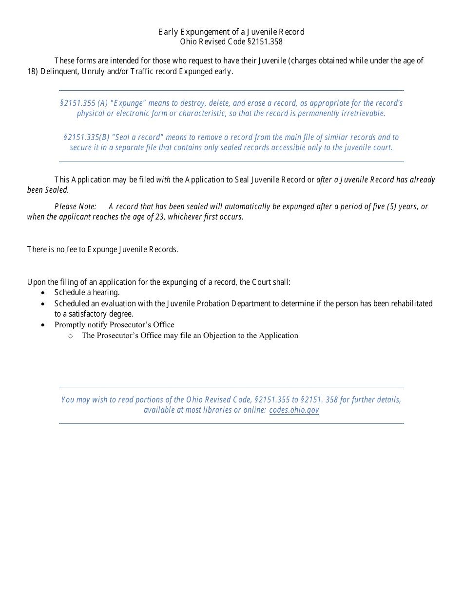 Warren County, Ohio Application to Expunge Juvenile Record - Fill Out ...