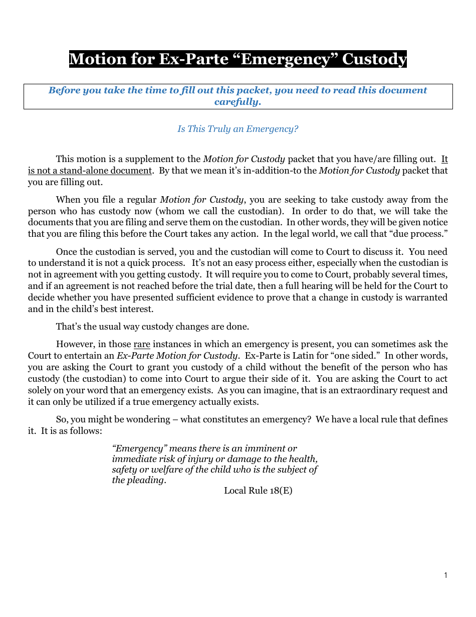 Warren County, Ohio Motion for Ex-parte "emergency" Custody - Fill Out ...