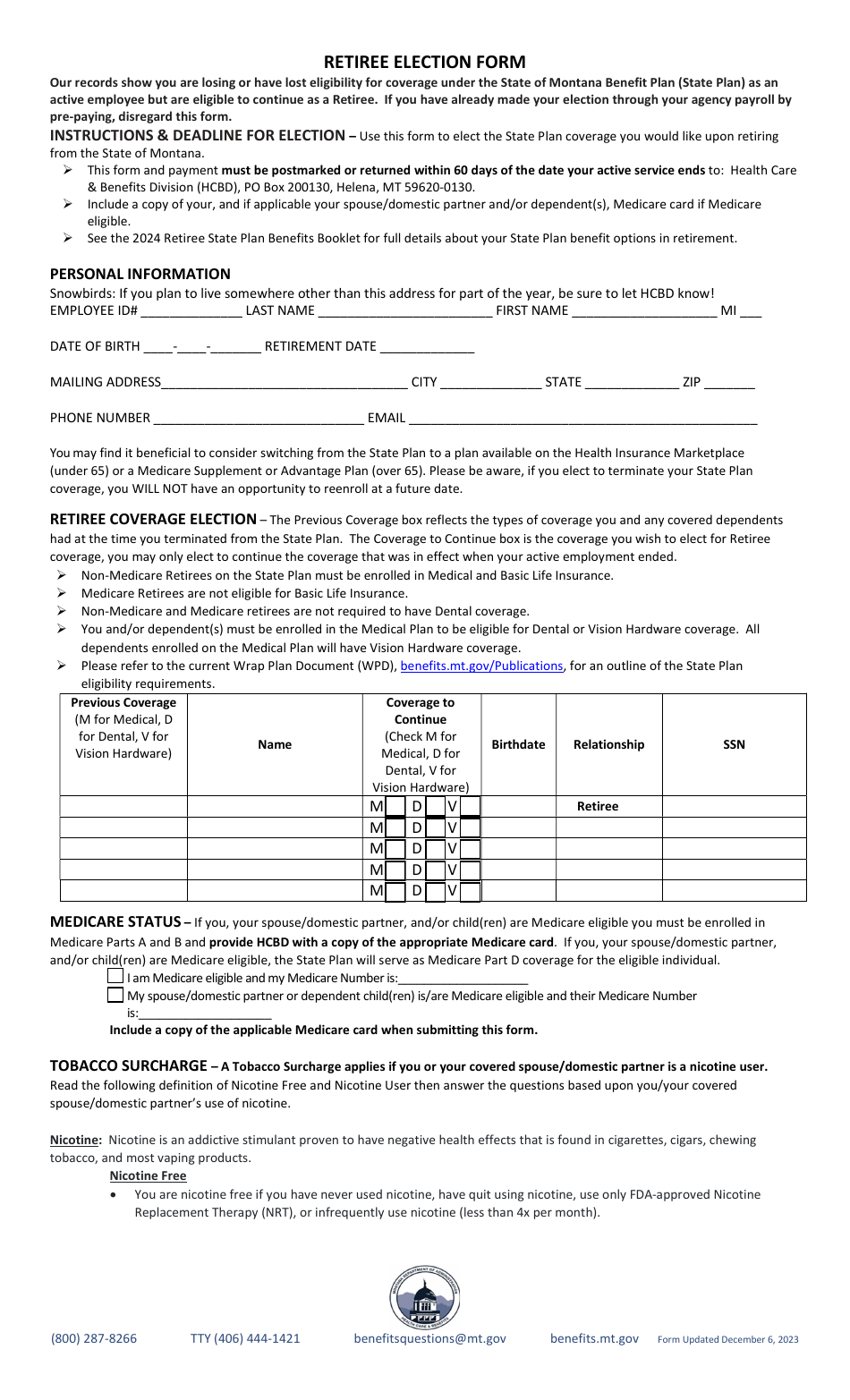 Montana Retiree Election Form Download Fillable PDF 2023 — 2026 | Templateroller