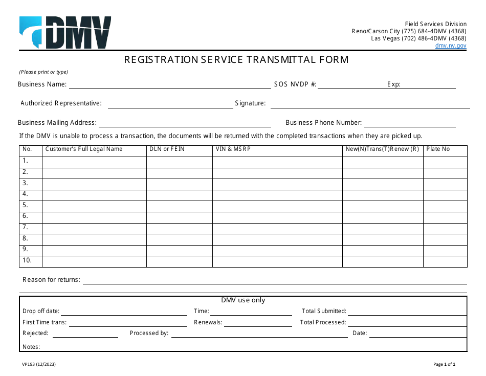 Form VP193 Download Fillable PDF or Fill Online Registration Service ...
