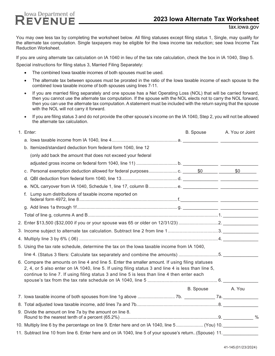 Form 41-145 Download Fillable PDF or Fill Online Iowa Alternate Tax ...