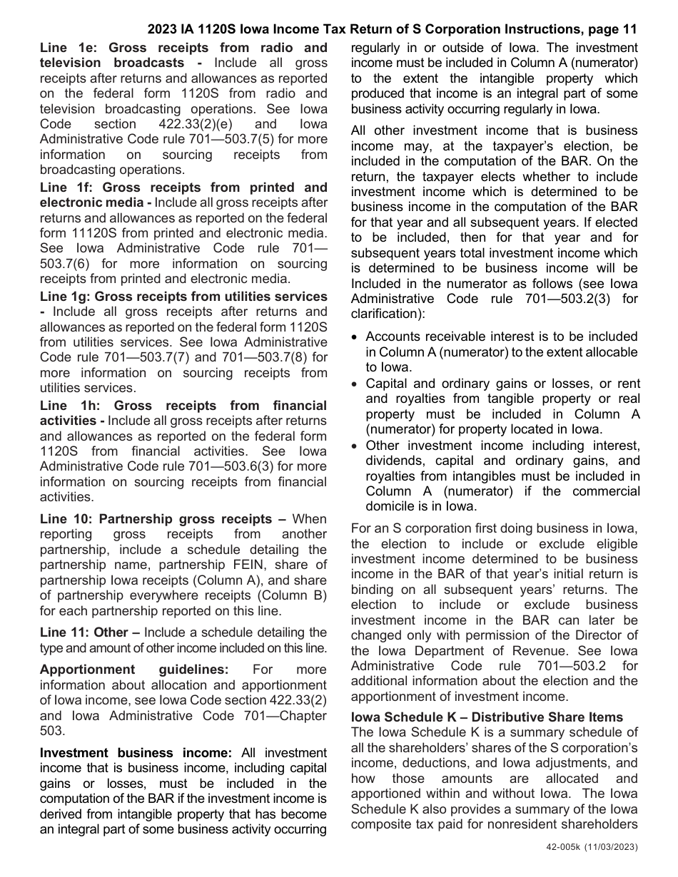 Download Instructions for Form IA1120S, 42-004 Iowa Income Tax Return ...