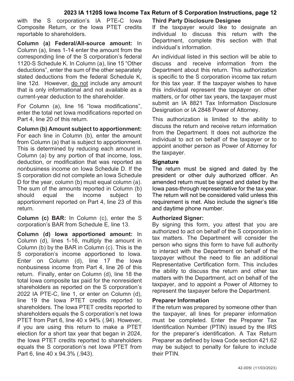 Download Instructions for Form IA1120S, 42-004 Iowa Income Tax Return ...