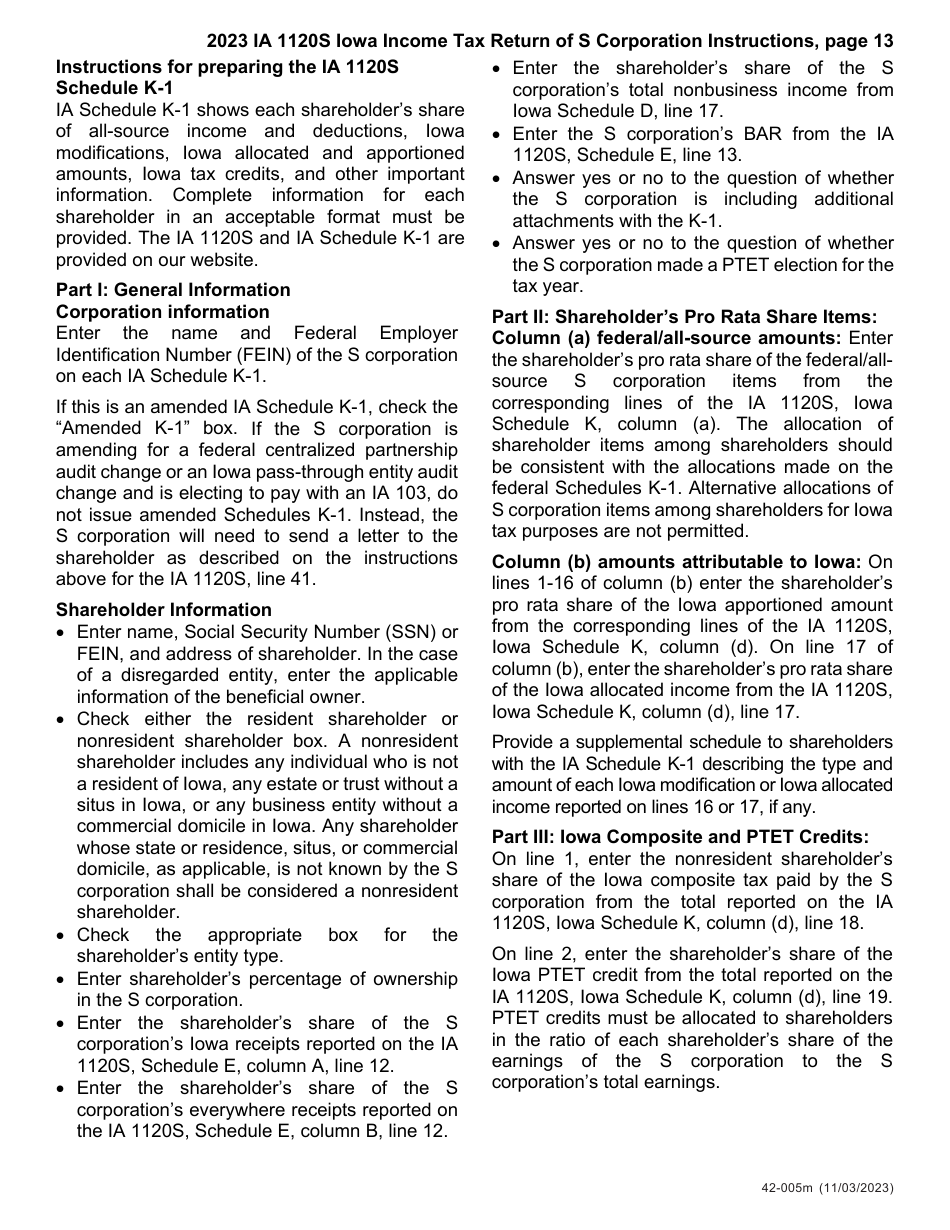 Download Instructions for Form IA1120S, 42-004 Iowa Income Tax Return ...