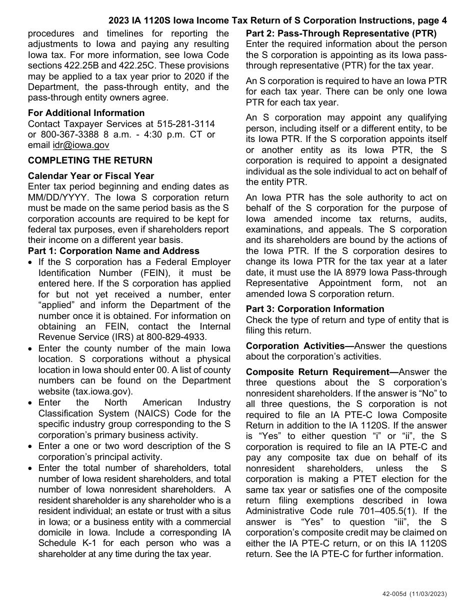 Download Instructions for Form IA1120S, 42-004 Iowa Income Tax Return ...