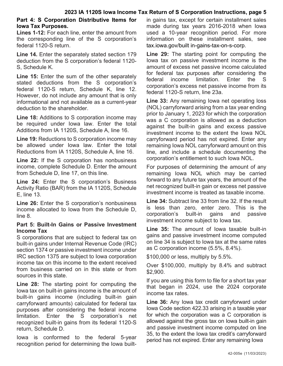 Download Instructions for Form IA1120S, 42-004 Iowa Income Tax Return ...